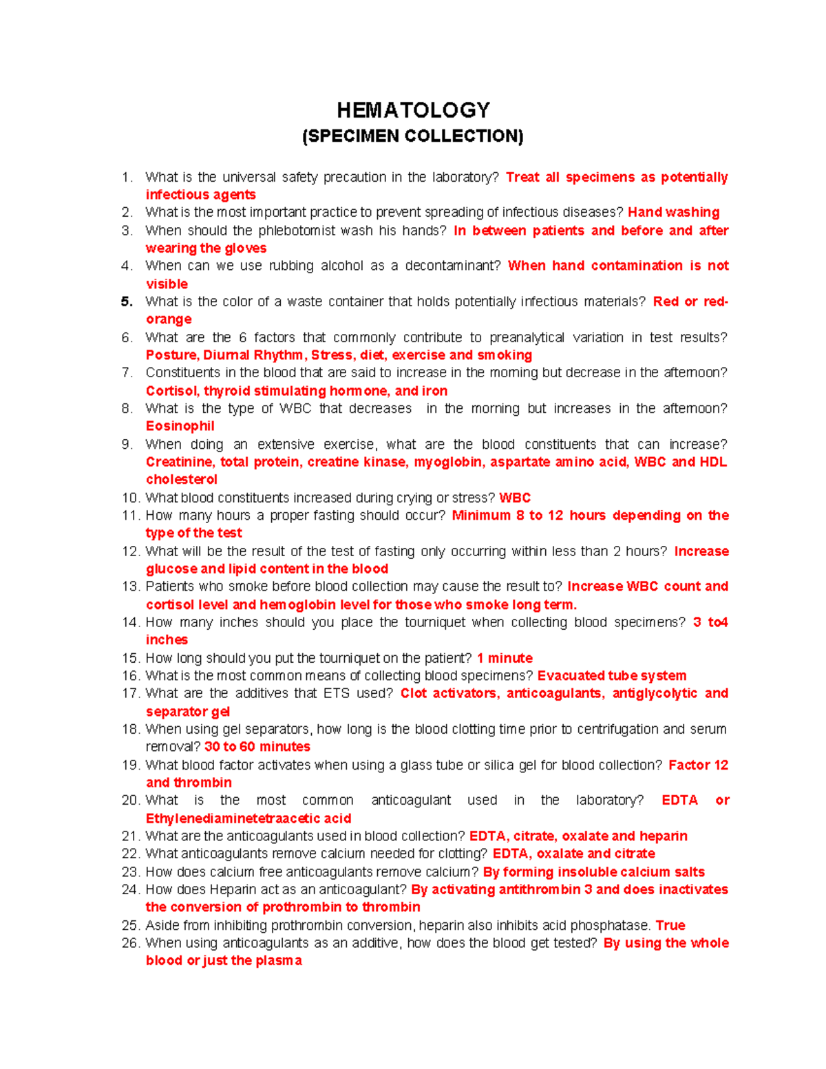 Hematology Specimen Collection with answer KEY - HEMATOLOGY (SPECIMEN ...
