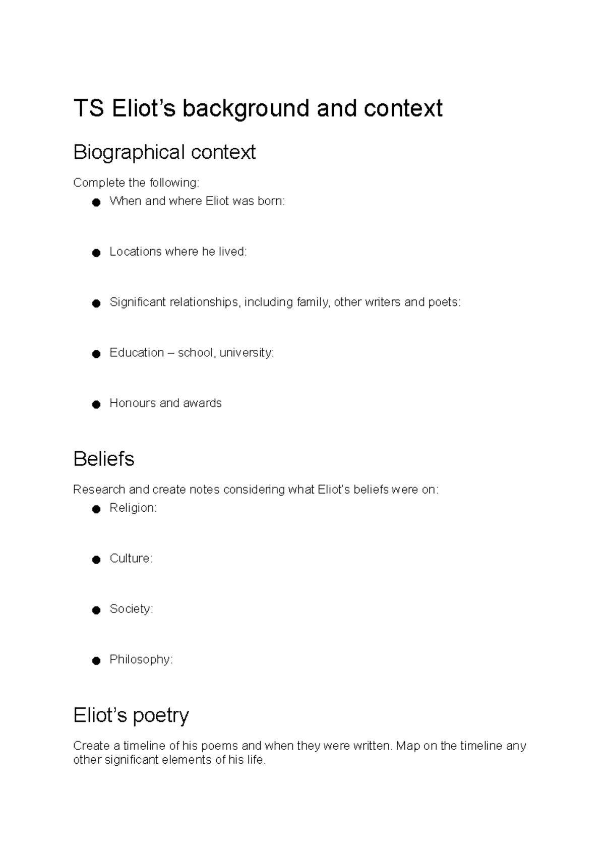 TS Eliot context - TS Eliot’s background and context Biographical ...