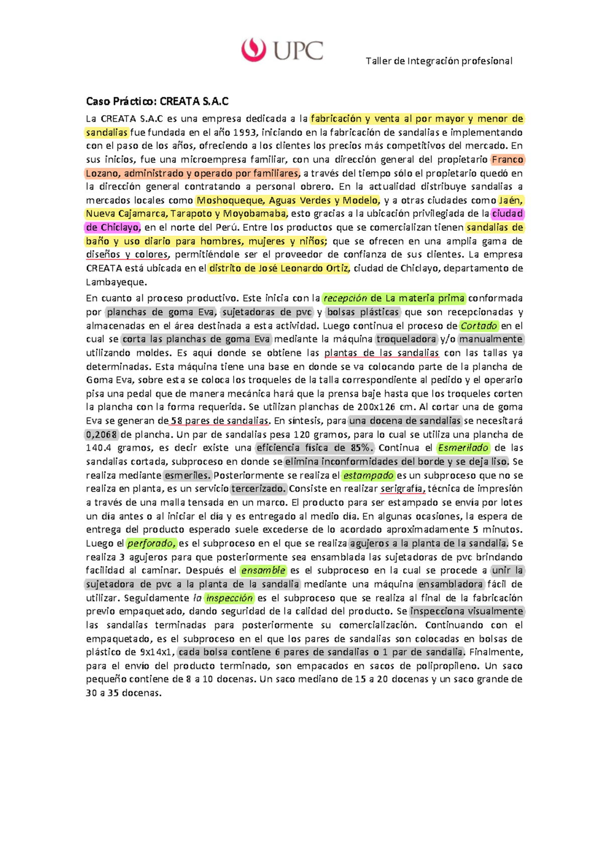 Talleres semanales CREATA S.A.C. - Caso Práctico: CREATA S.A La CREATA ...