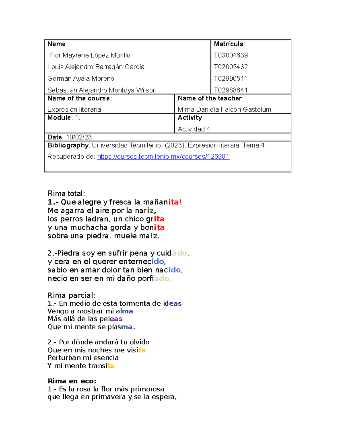 Act expresión literaria - Name: Flor Mayrene López Murillo Louis ...