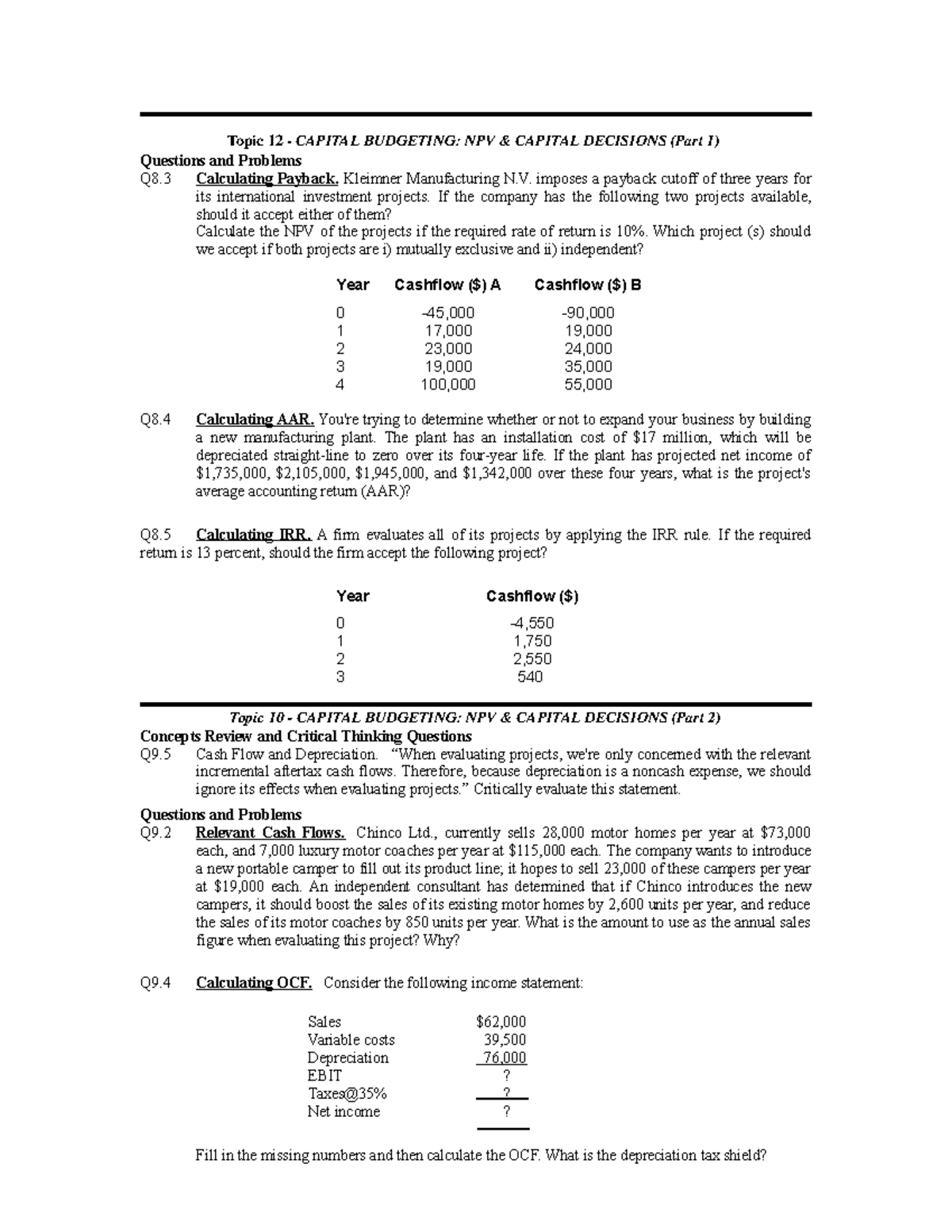 Topic 12 - Capital Budgeting NPV Capital Decisions (Part 1 2)(students ...