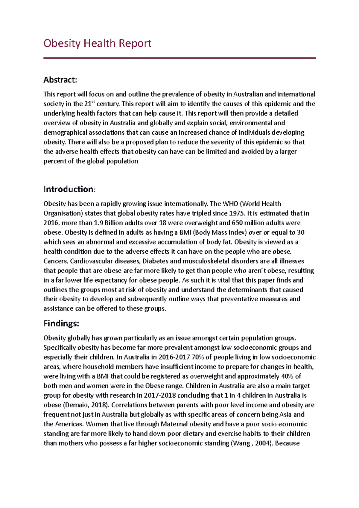 Obesity Health Report - Obesity Health Report Abstract: This report ...