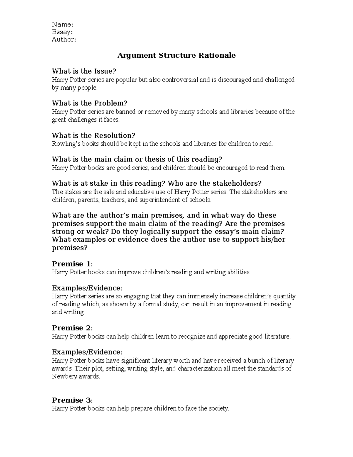 Argument Structure Rationale(Knapp) - Name: Essay: Author: Argument ...