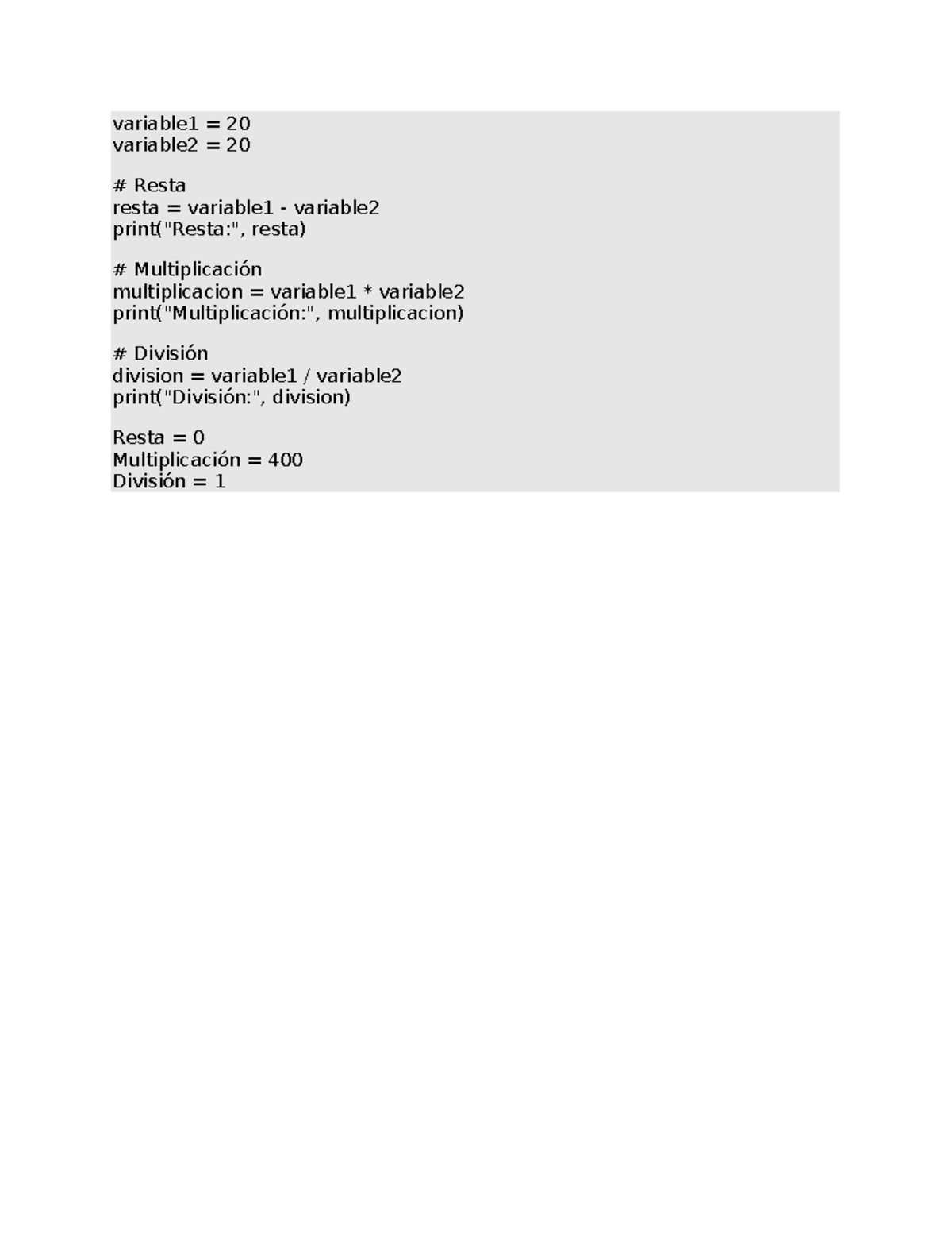 Operaciones matematicas python - Programacion - variable1 = 20 ...