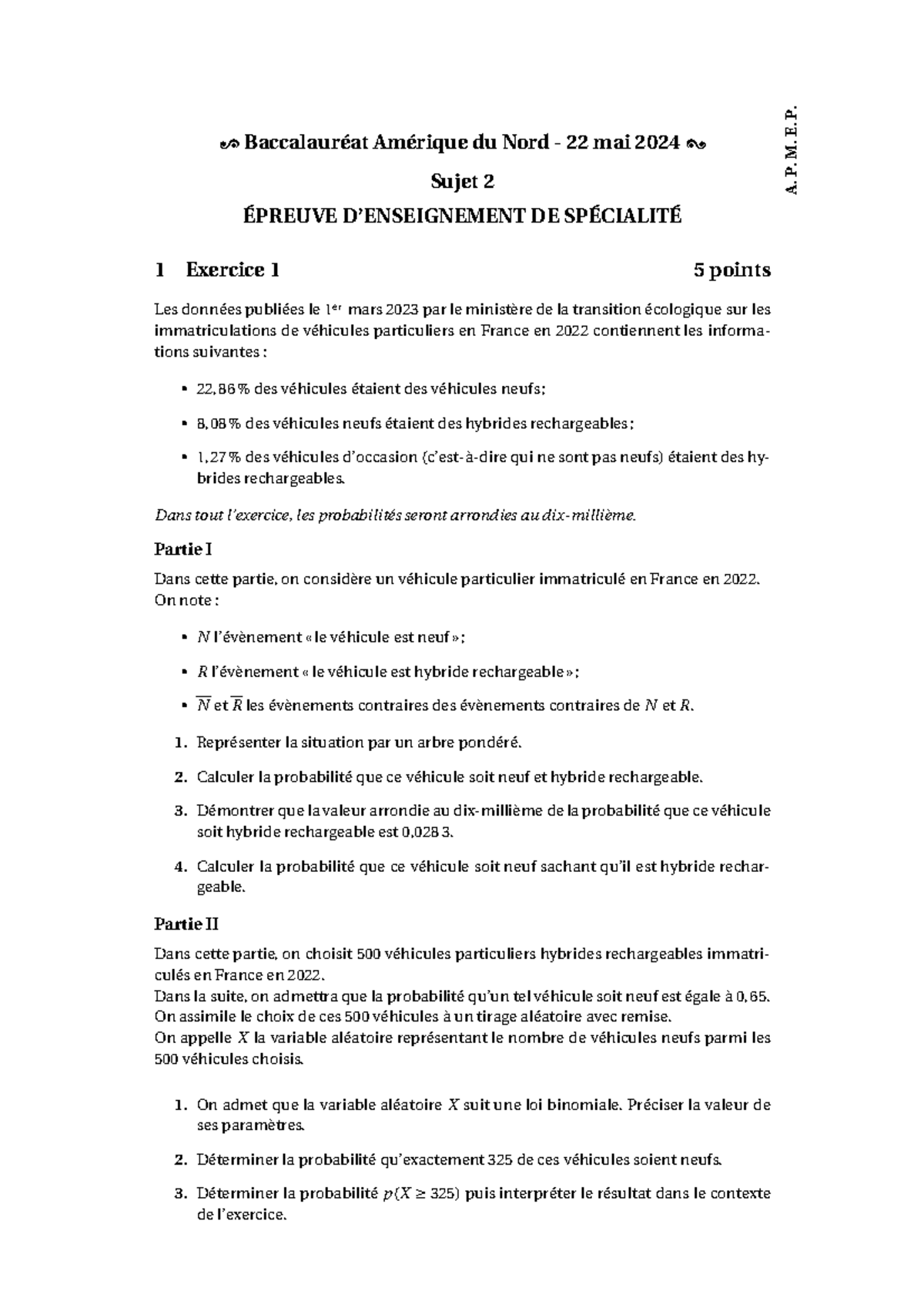 Amérique du Nord - A. P. M. E. P. ; Baccalauréat Amérique du Nord - 22 mai 2024