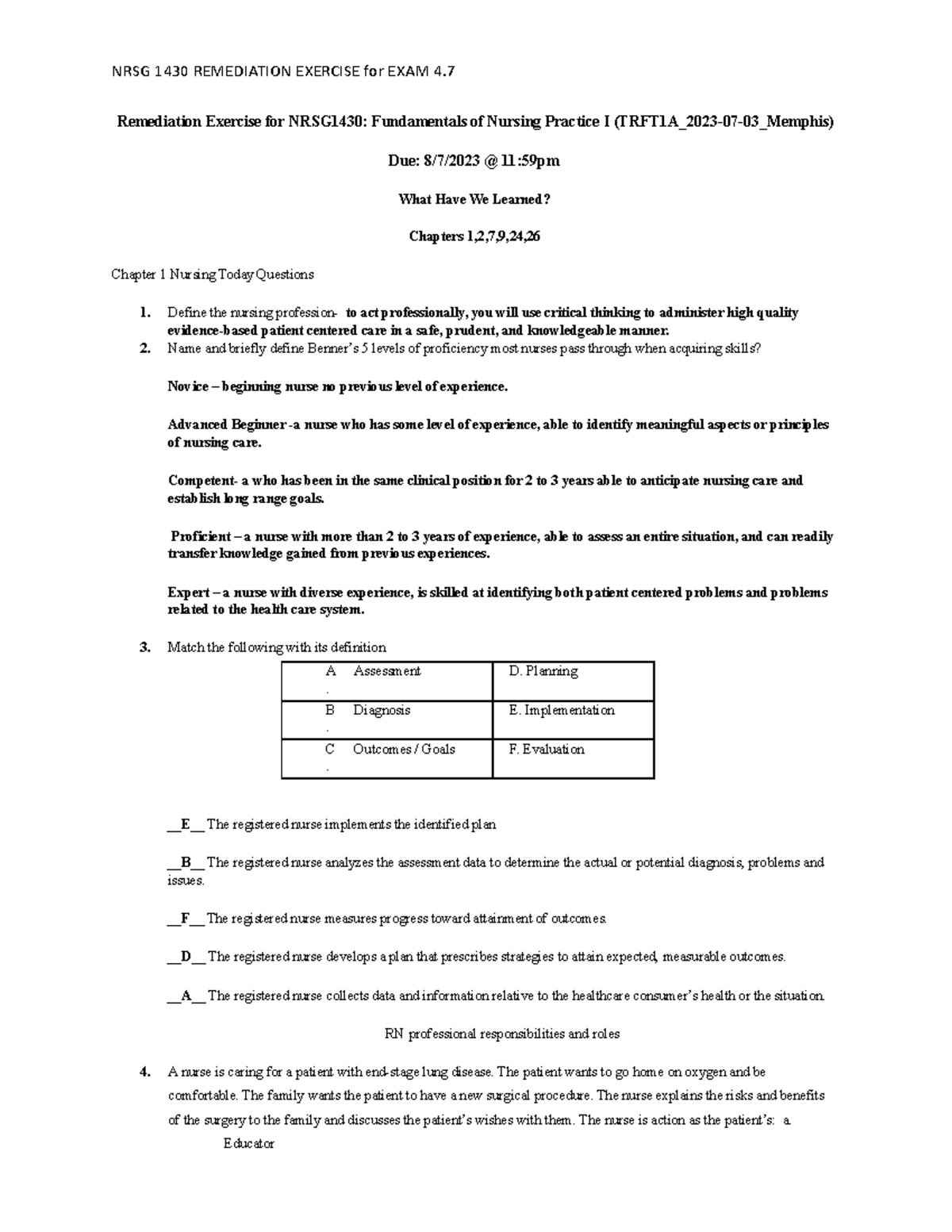 Remediation Exercise for NRSG1430 Exam 1 - NRSG 2202 - Concorde - Studocu