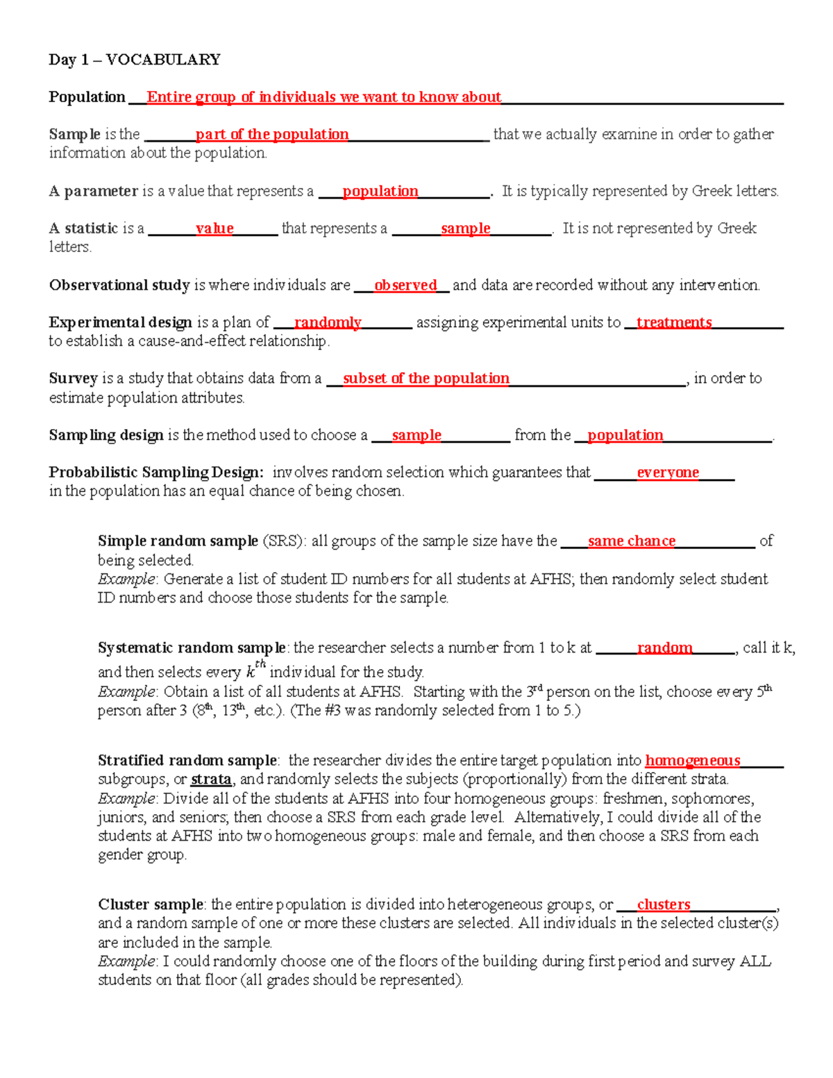 KEY Stats Packet Spring 2024 - Day 1 – VOCABULARY Population Entire ...