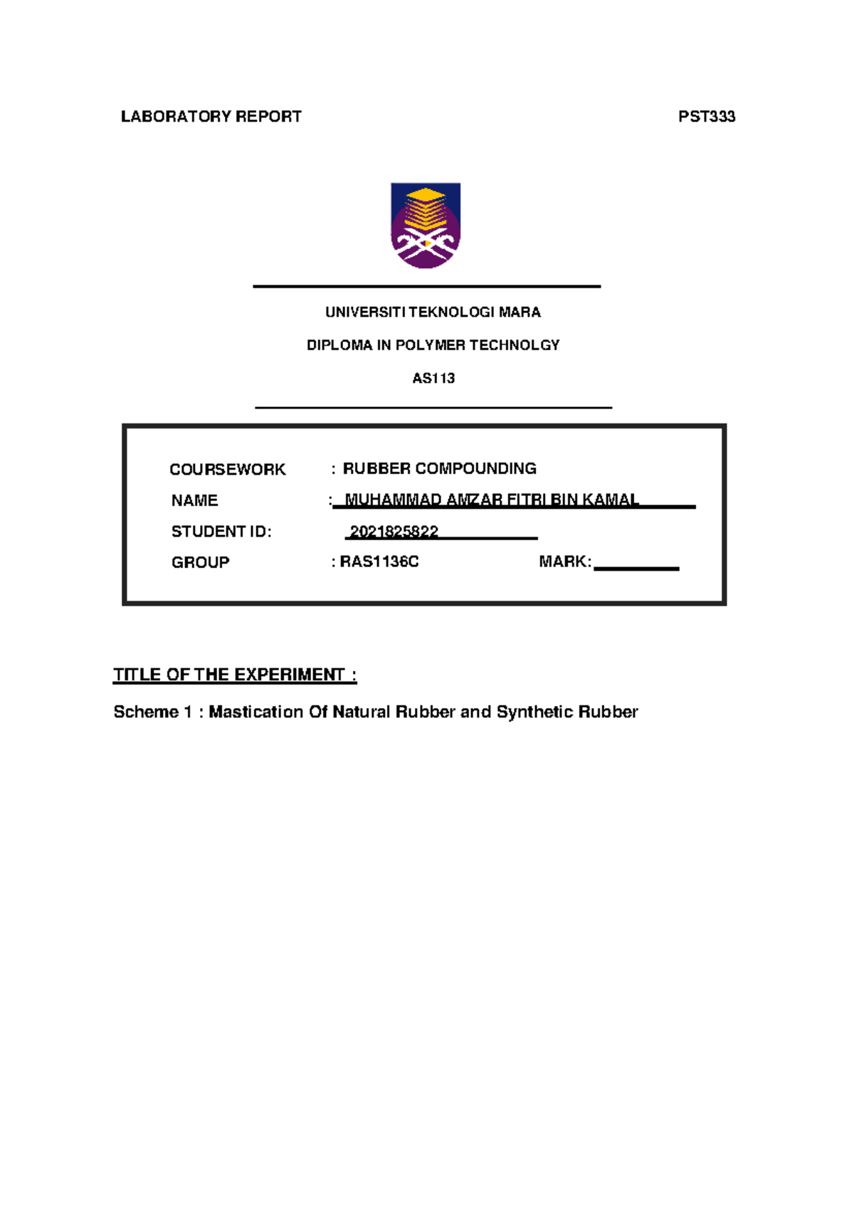 PST333 Experiment 1 - lab report - LABORATORY REPORT PST UNIVERSITI ...