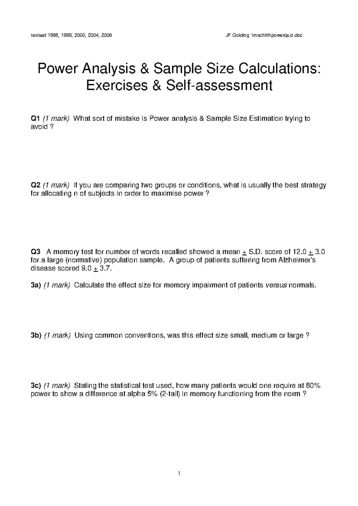 Power analysis & sample size calculations: In-class exercises & self ...