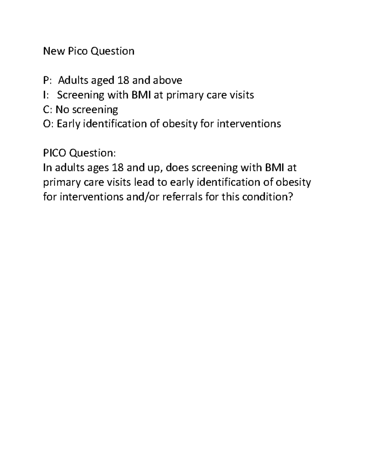 New Pico Copy Evidence Based Practice Project New Pico Question P