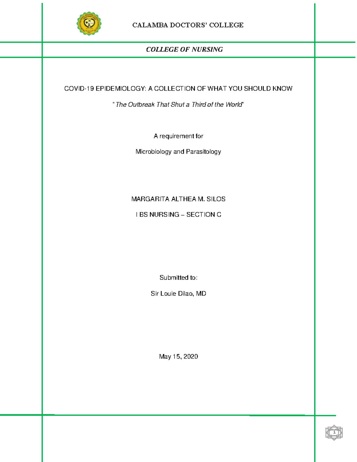 Covid 19 Epidemiology Assignment - COLLEGE OF NURSING COVID-19 ...