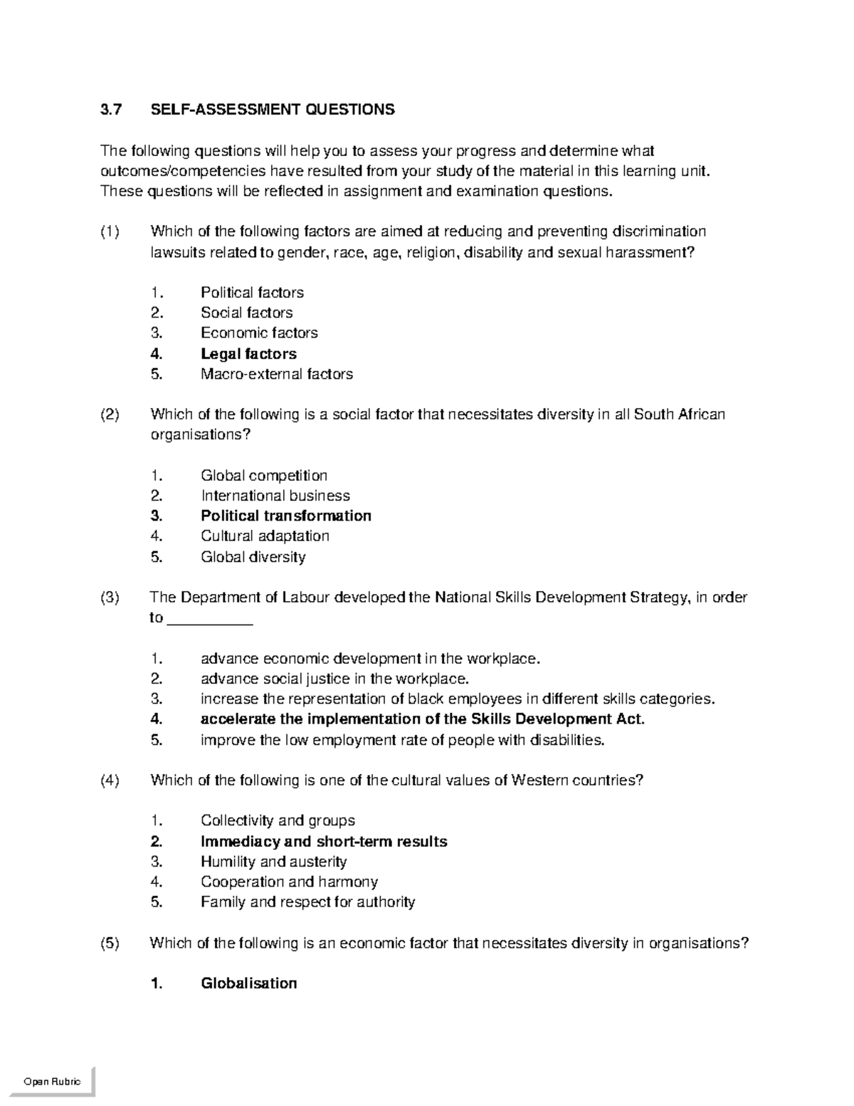 Self Assessment Learning Unit 3Feedback - 3 SELF-ASSESSMENT QUESTIONS ...