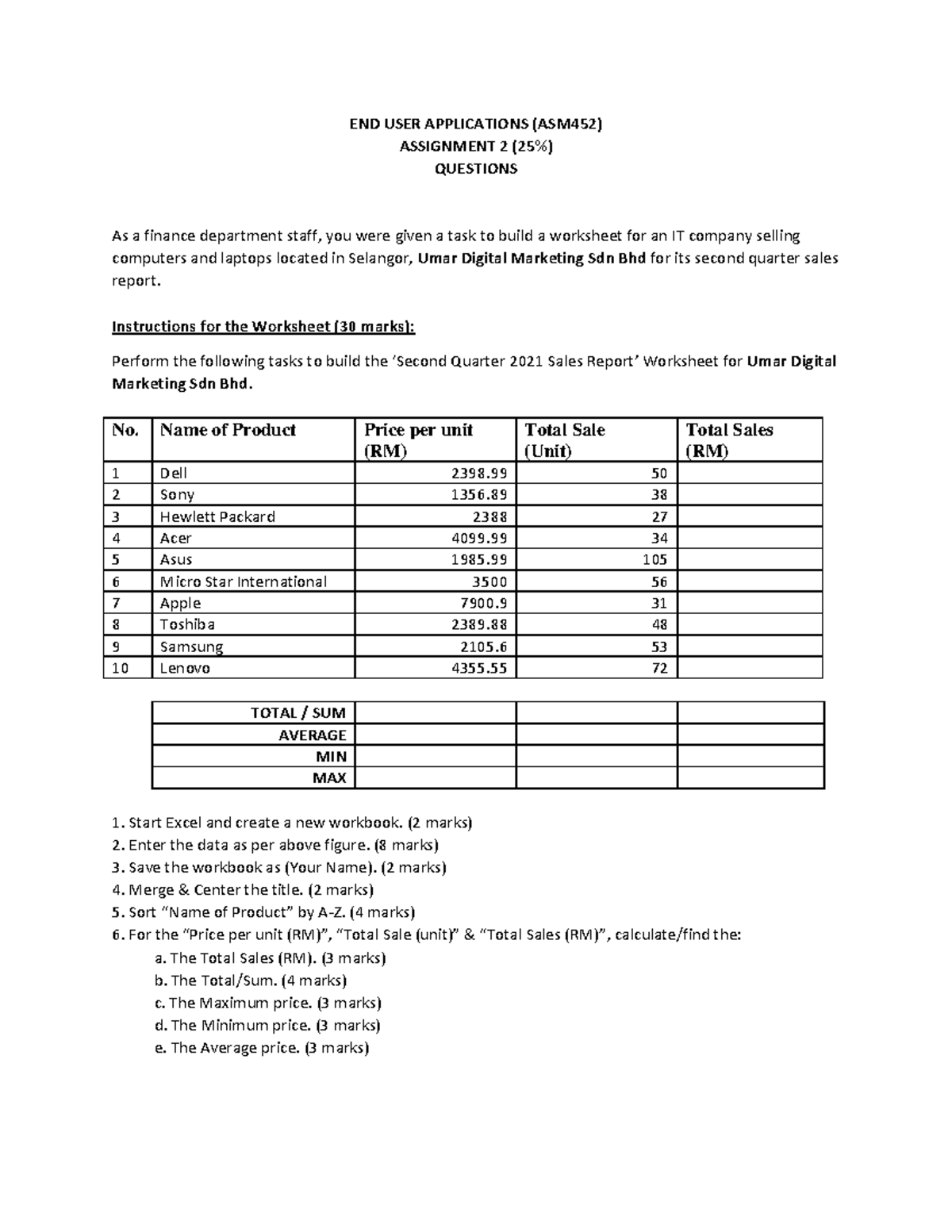 Assignment 2 (Question Set 3) - END USER APPLICATIONS (ASM452 ...