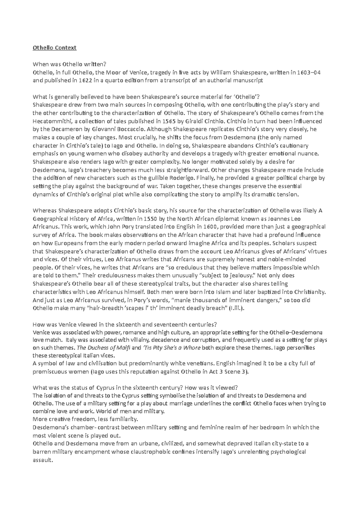 Othello context - Othello Context When was Othello written? Othello, in ...