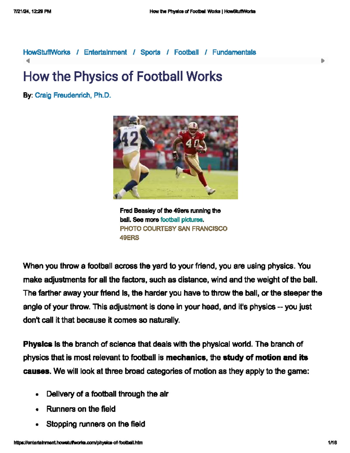 Physics of football - 42 Fred Beasley of the 49ers running the ball ...