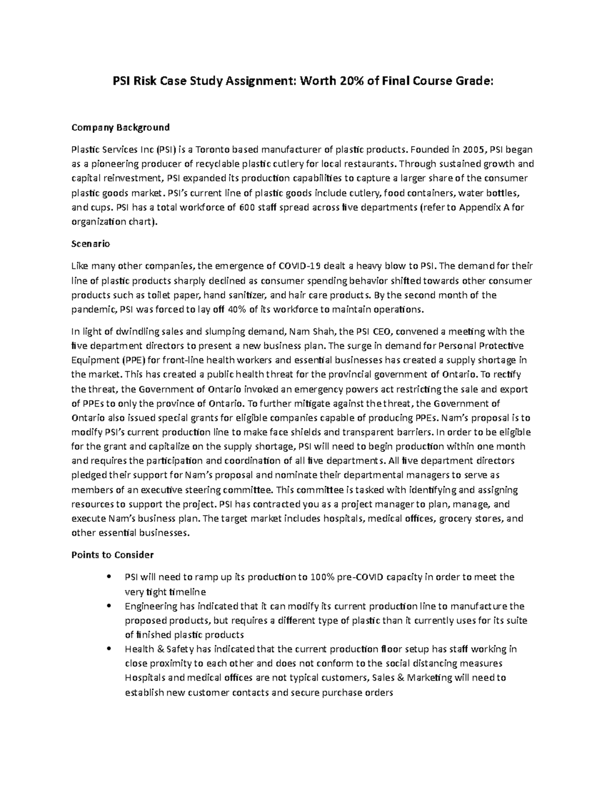 PSI Risk Case Study Assignment - Founded in 2005, PSI began as a ...