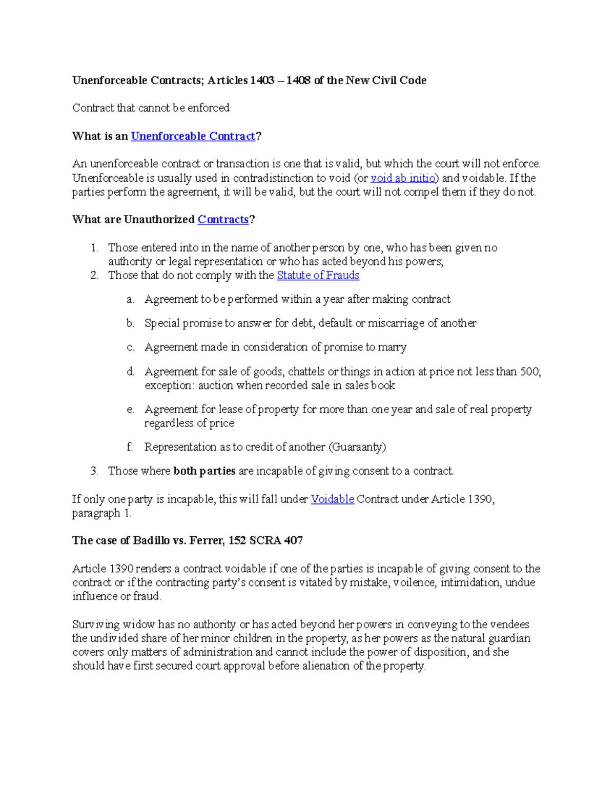 Defective Contracts Unenforceable Contracts Articles 1403 1408 Of
