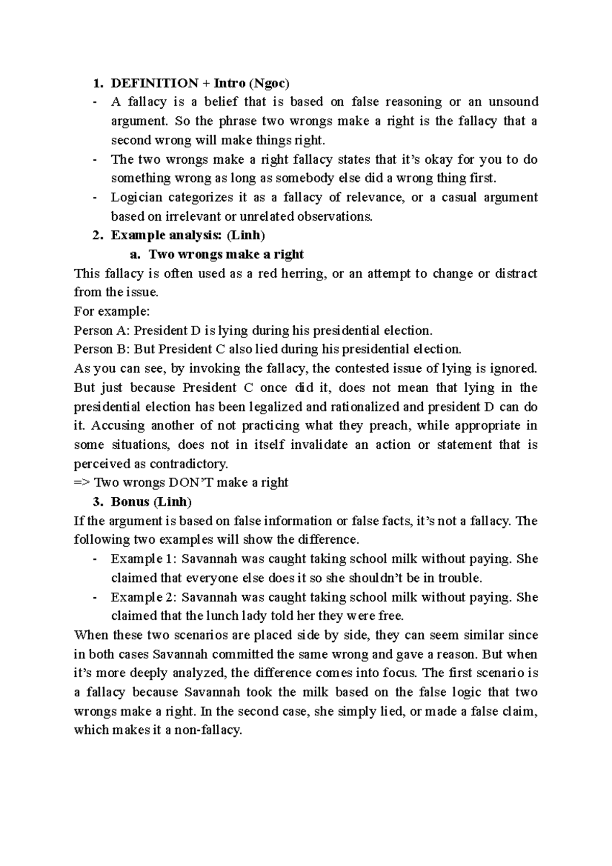 TWO- Wrongs-MAKE-A- Right- Final - DEFINITION + Intro (Ngoc) A fallacy ...