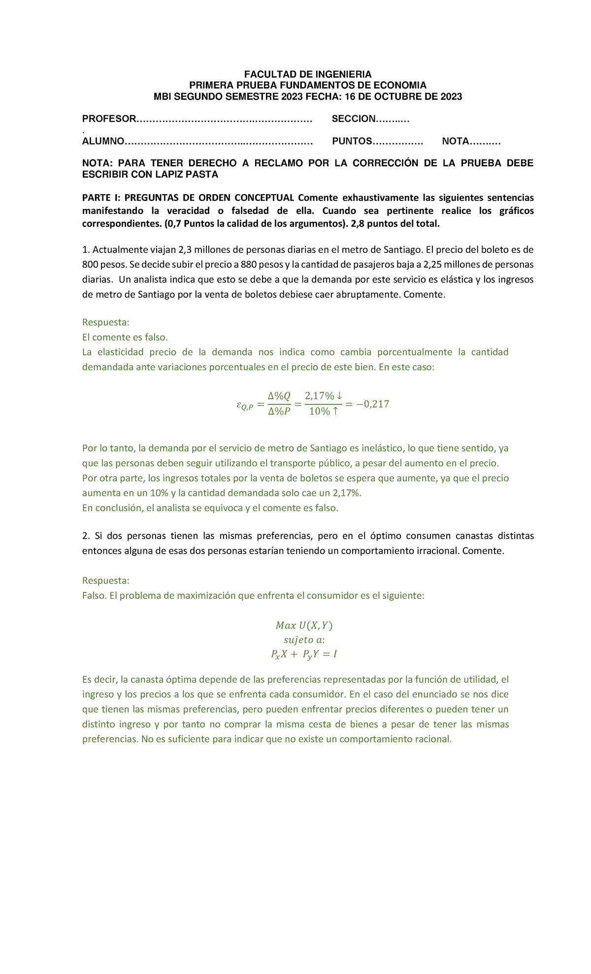 Pauta PEP 1 Fundeco 2-2023 16-10-2023 - FACULTAD DE INGENIERIA PRIMERA PRUEBA FUNDAMENTOS DE ...