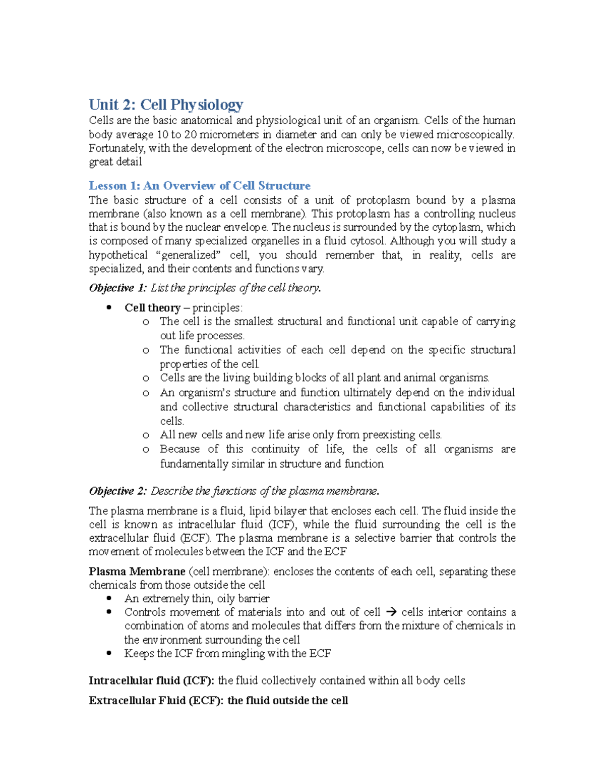 Unit 2 - Lecture notes 2 - Unit 2: Cell Physiology Cells are the basic ...