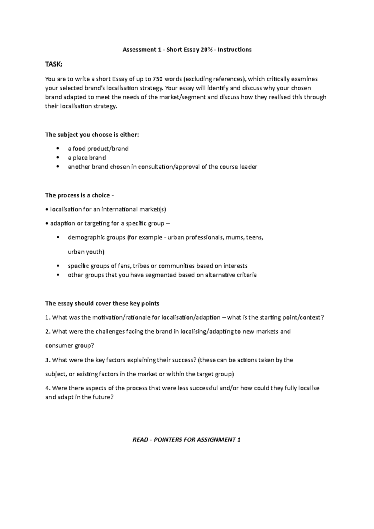 Assessment 1 - lecture notes - Assessment 1 - Short Essay 20% ...