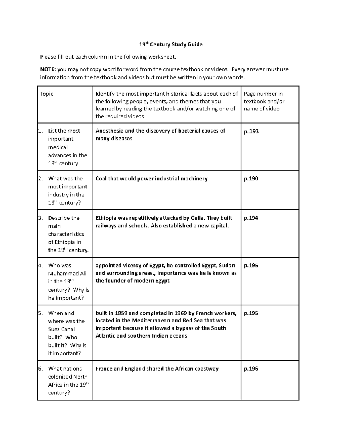 19th Century Study Guide - 19 th Century Study Guide Please fill out ...