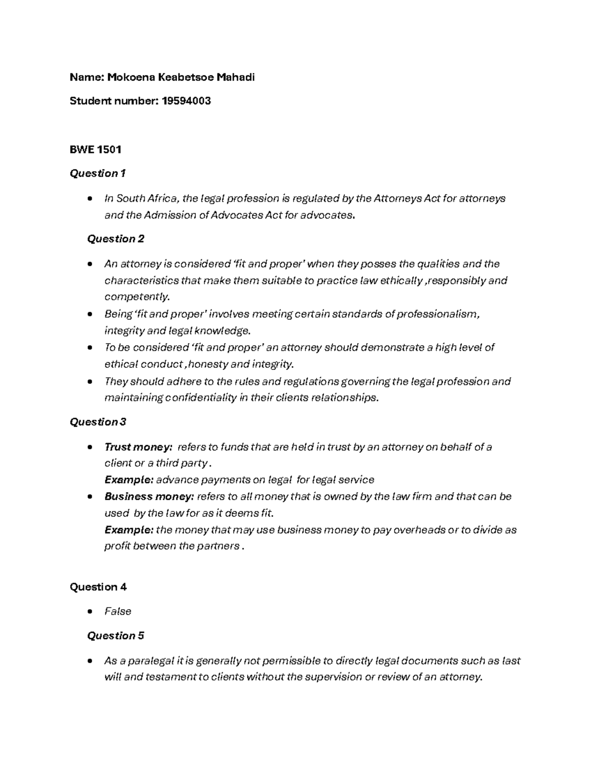 BWE1501 Assignment - Name: Mokoena Keabetsoe Mahadi Student number ...