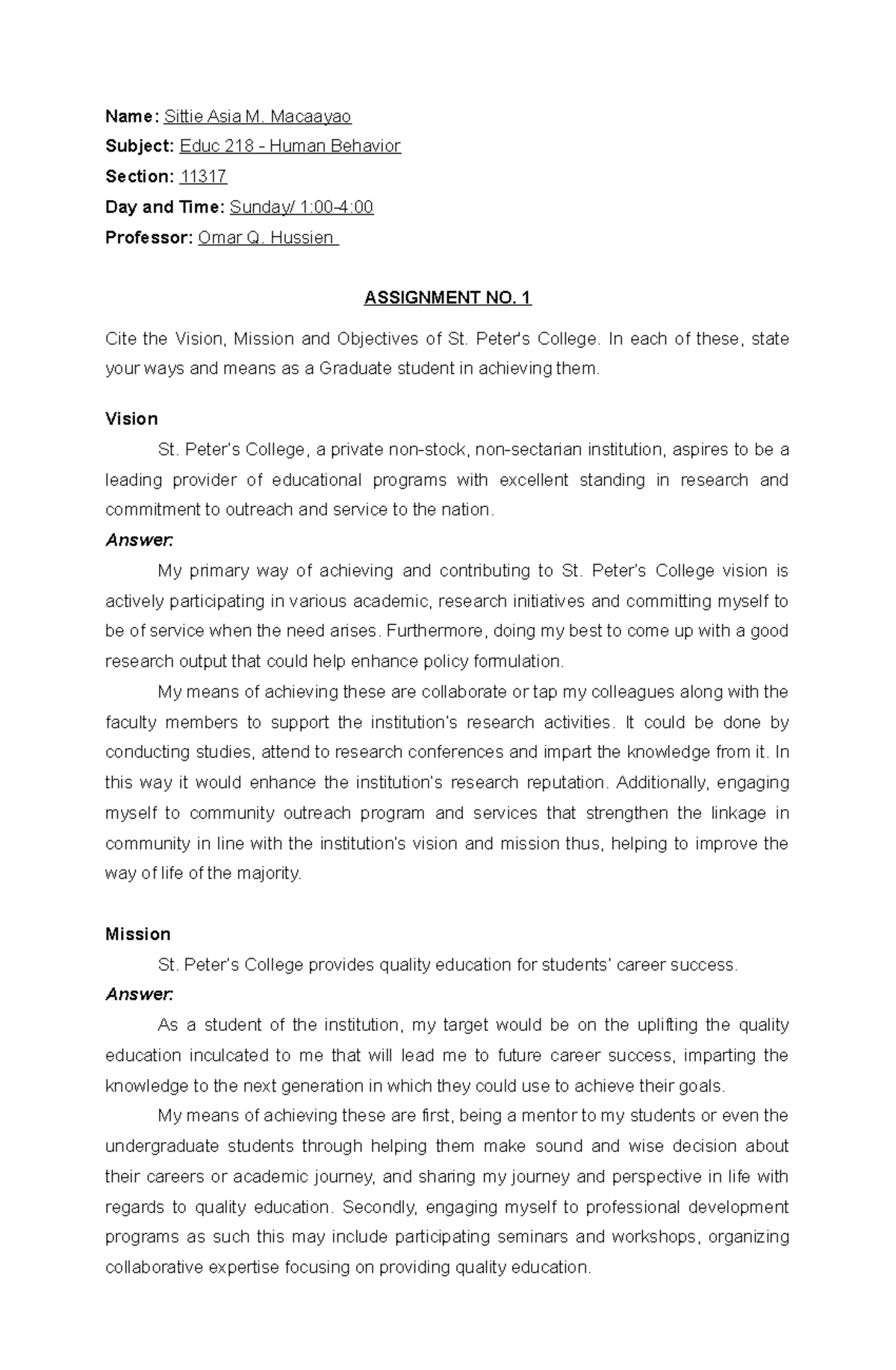 Assignment NO. 1 - sample answer - Name: Sittie Asia M. Macaayao ...