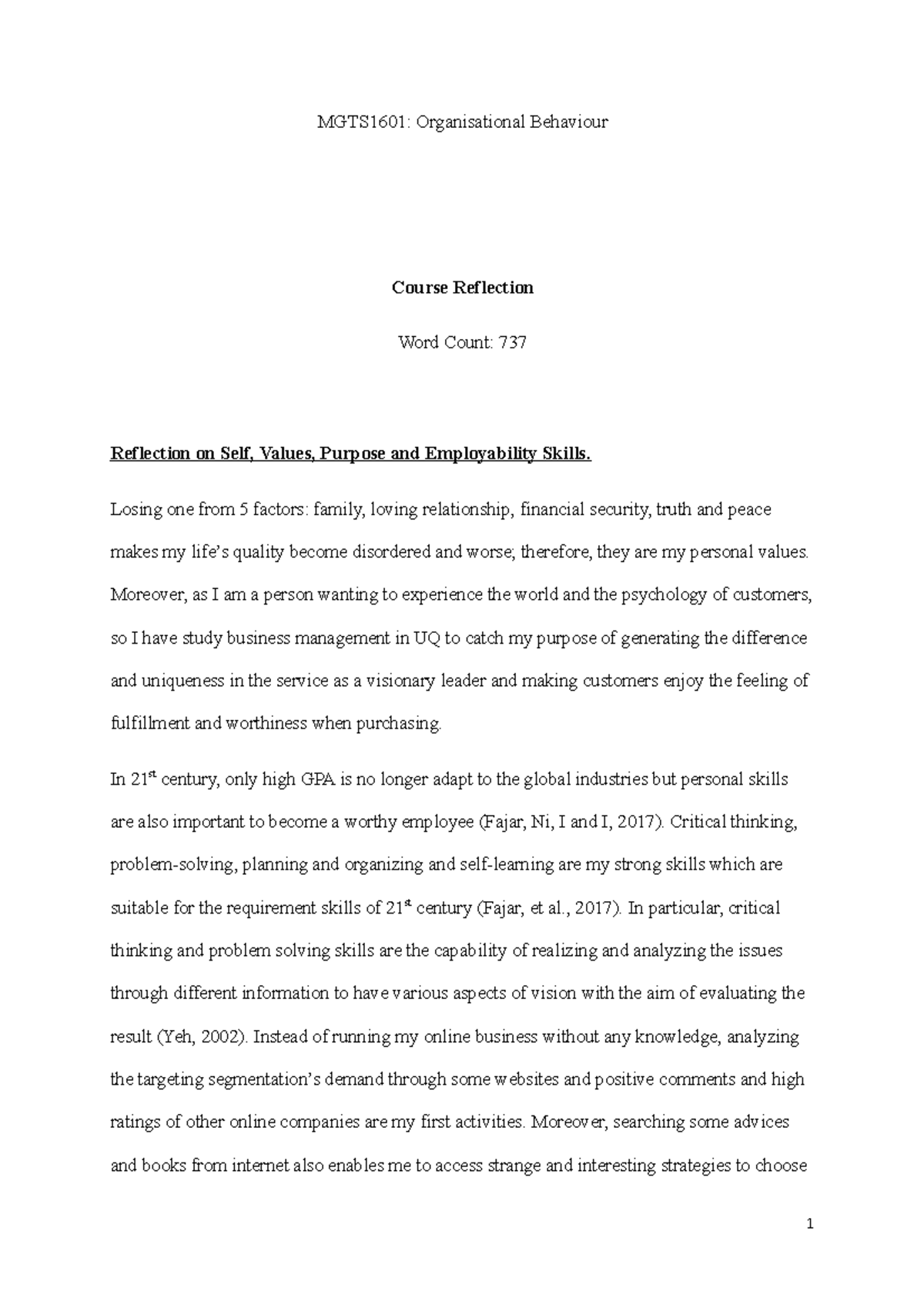 Course Reflection - MGTS1601: Organisational Behaviour Course ...