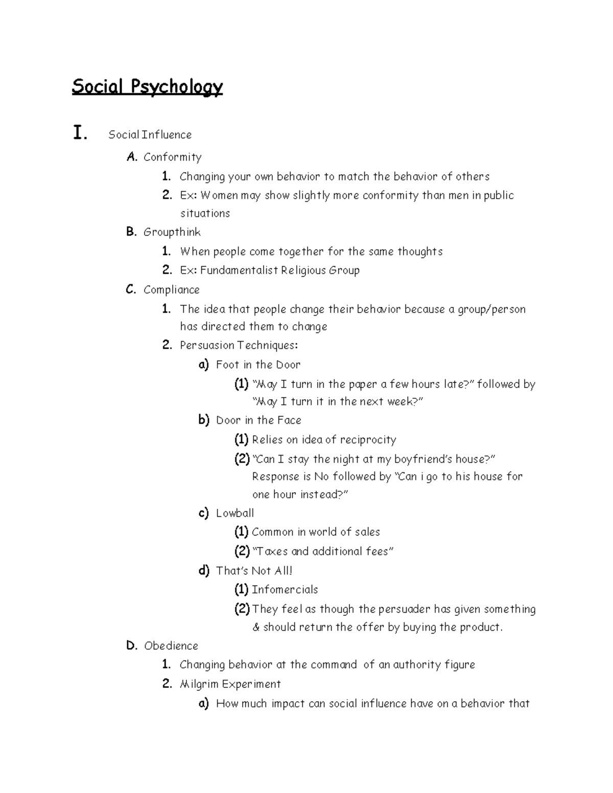 Psych Exam 4 Review - Social Psychology I. Social Influence A ...