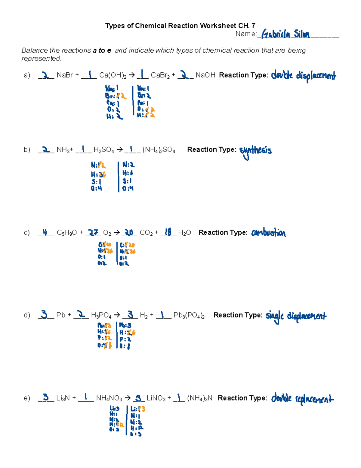 Chemical Reaction Worksheet - 7 Name:____________________ Balance the ...
