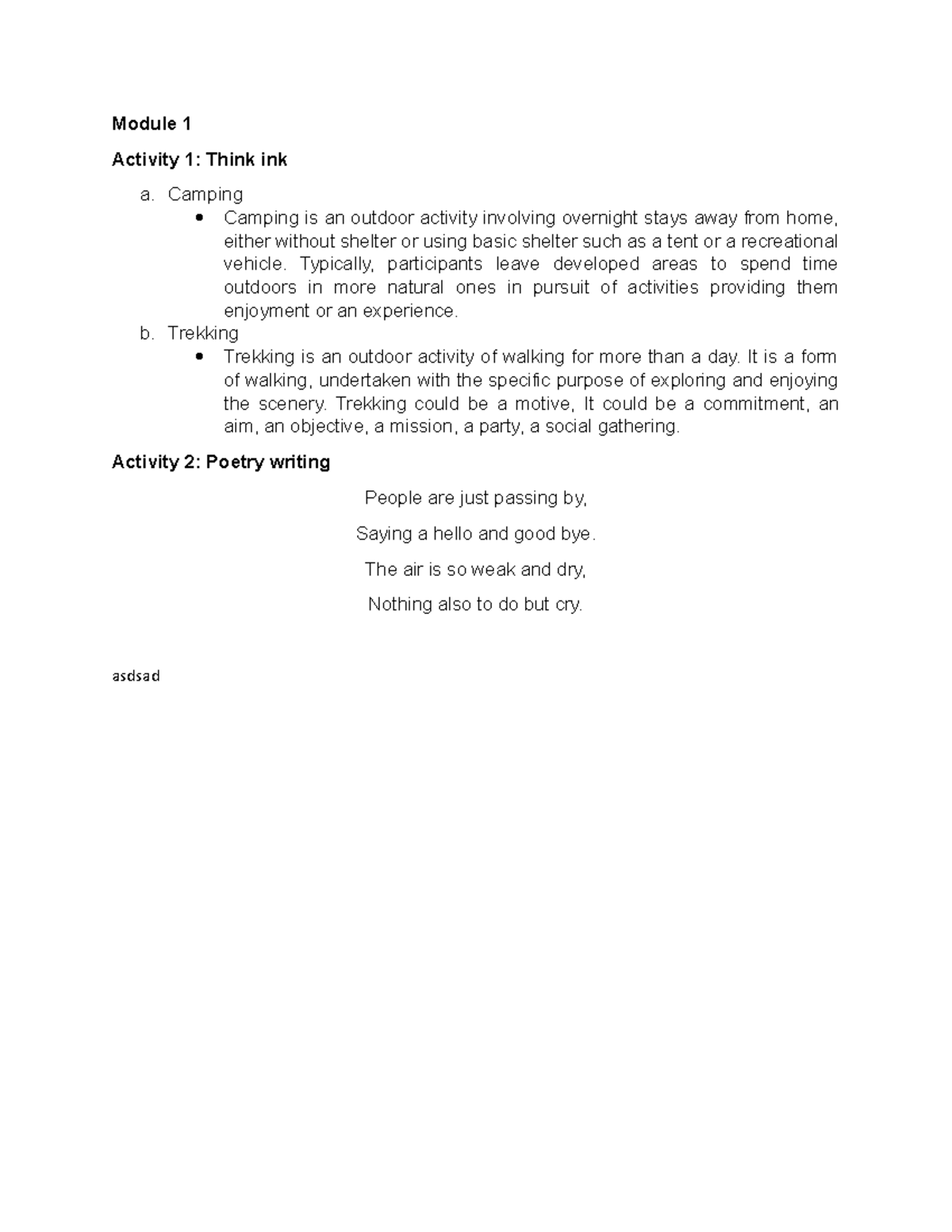 Theories 6 - nurse - Module 1 Activity 1: Think ink a. Camping Camping ...