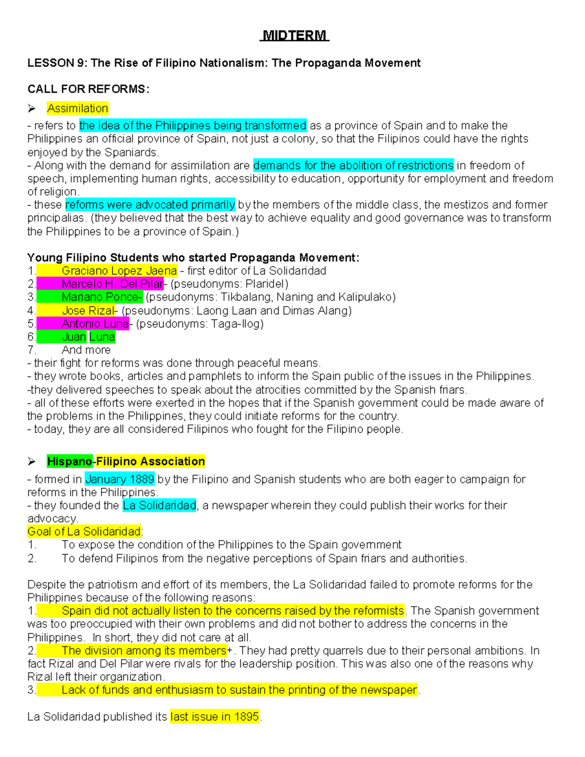Midterm Summary OF Readings IN Philippine History - MIDTERM LESSON 9: The Rise of Filipino - Studocu