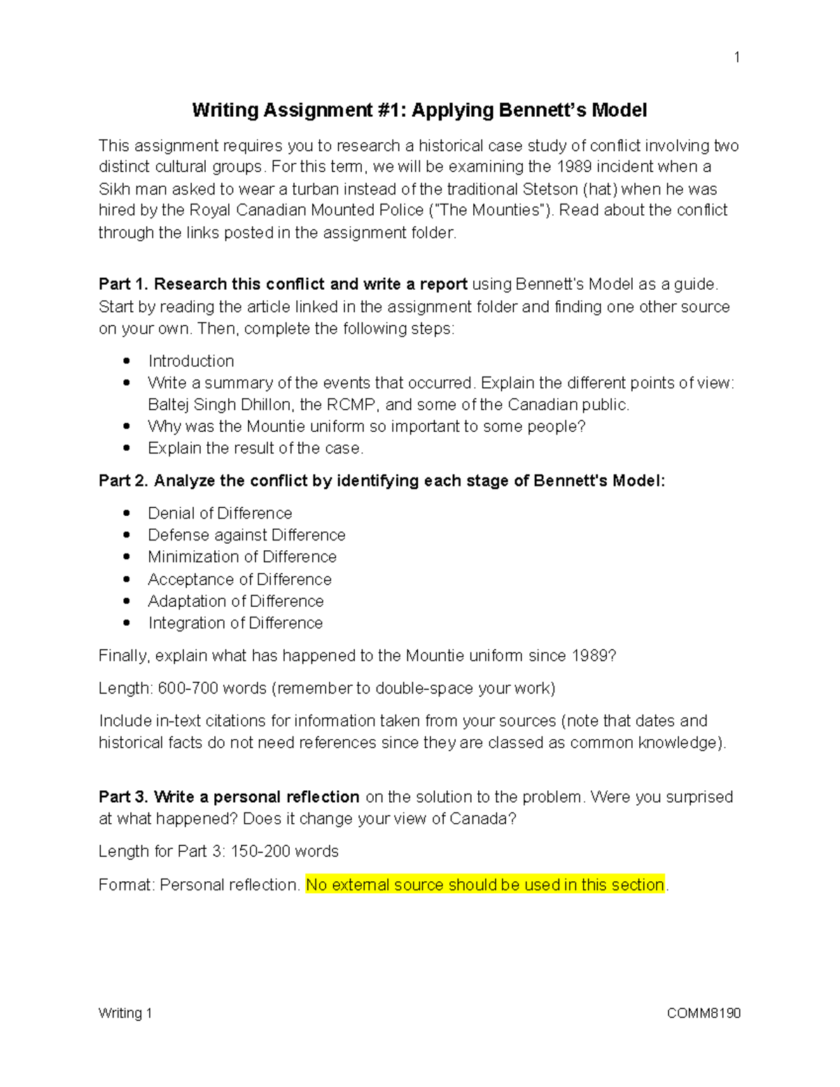 Writing Assignment #1 W24 - 1 Writing Assignment #1: Applying Bennett’s Model This assignment ...