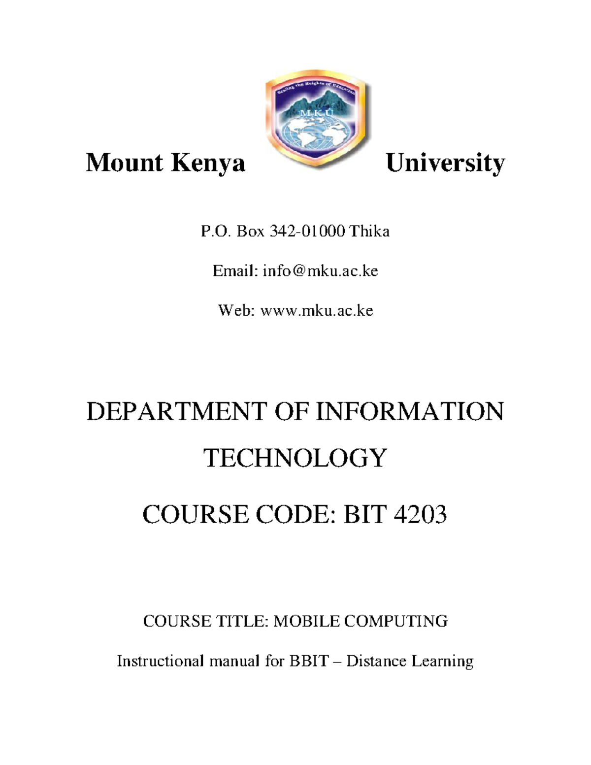 BIT 4203 Mobile Computing module - Mount Kenya University P. Box 342 ...