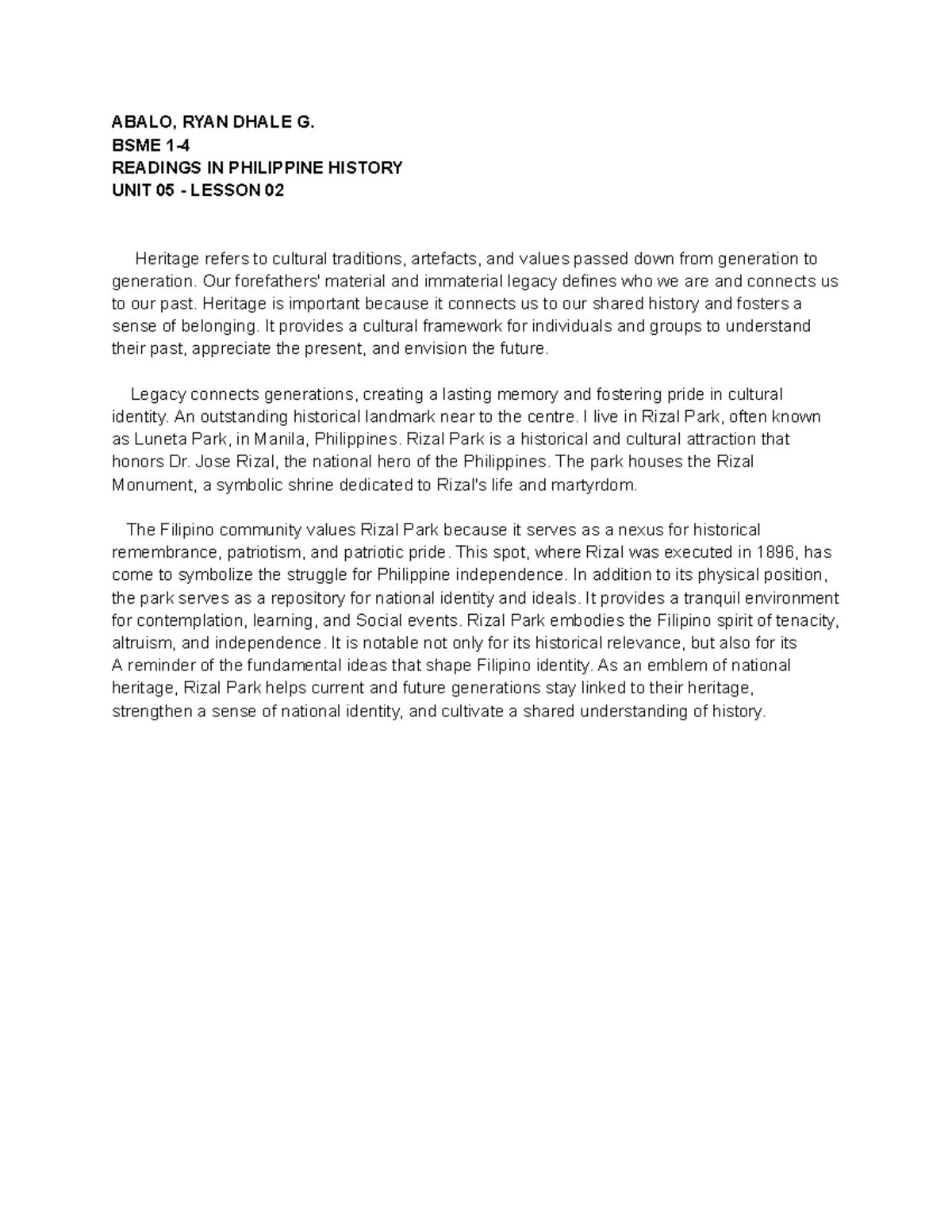 UNIT 05 Lesson 02 - ABALO, RYAN DHALE G. BSME 1- READINGS IN PHILIPPINE ...