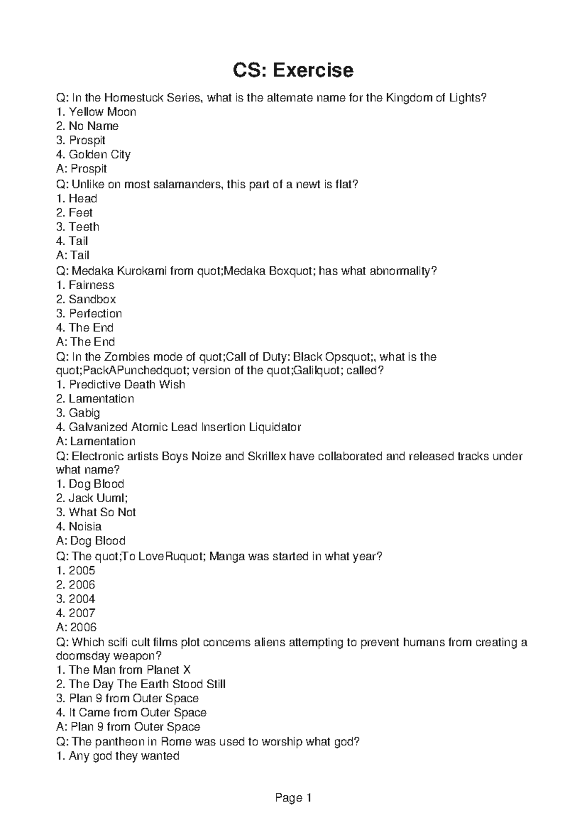 CS124 Worksheet 3 - CS: Exercise Q: In the Homestuck Series, what is the alternate name for the ...