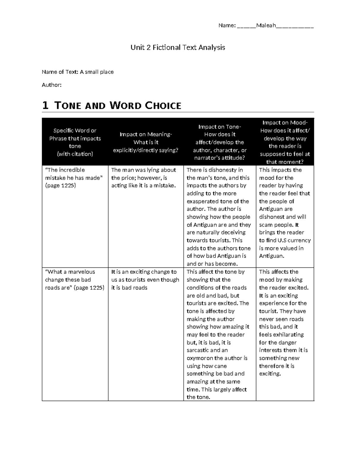 Unit 2 Fictional Text Analysis Tone Culture - Name: Maleah______ Unit 2 ...