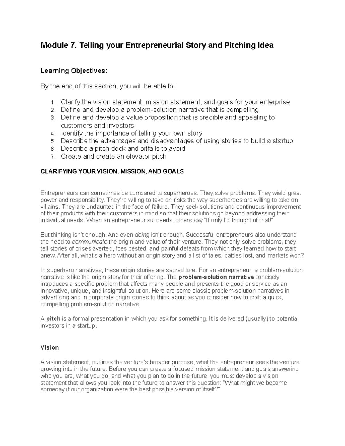 Module 7 Lesson - Module 7. Telling your Entrepreneurial Story and ...