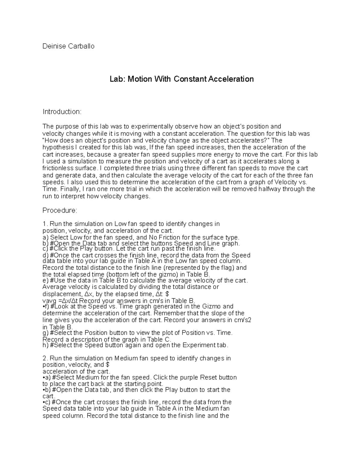 Deinise Carballo-Lab Report 8 9 23 - Deinise Carballo Lab: Motion With Constant Acceleration ...
