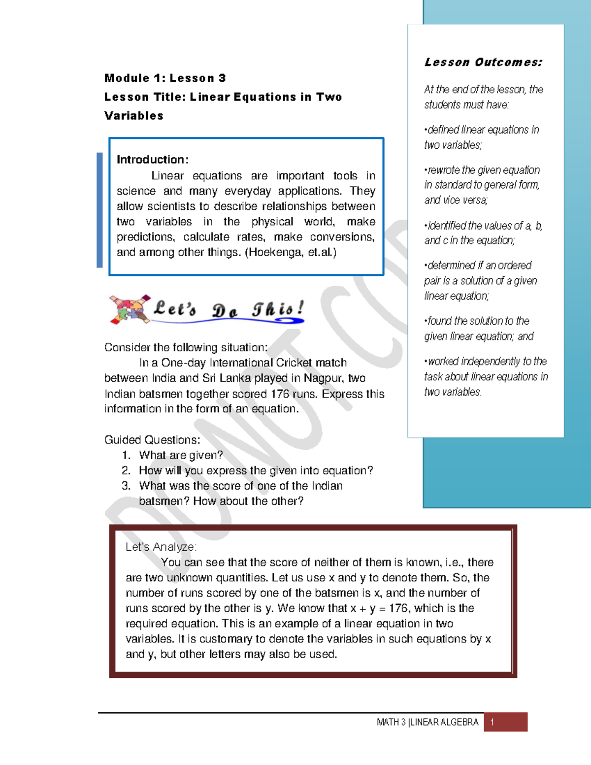 Math 3 - Module 1 Lesson 3 - Lesson Outcomes: At the end of the lesson ...