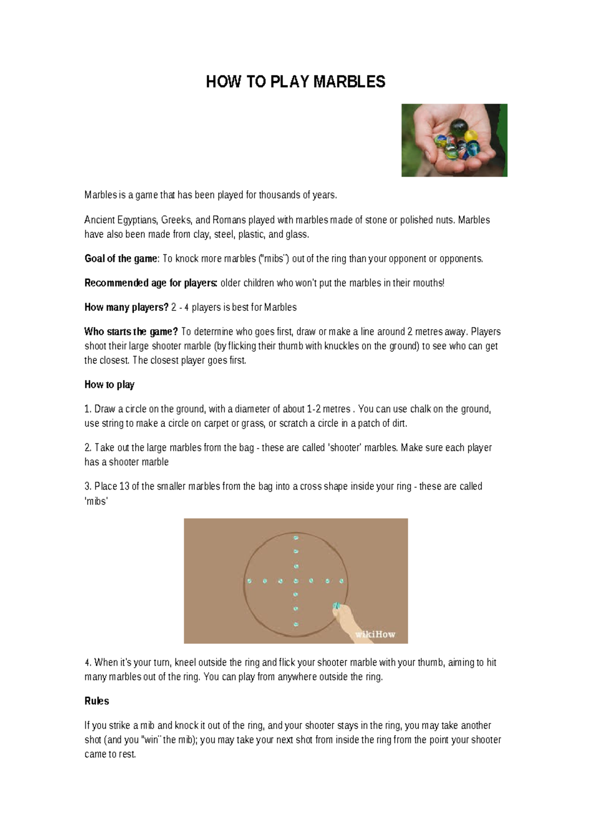 HOW TO PLAY Marbles - ,,,m - HOW TO PLAY MARBLES Marbles is a game that ...