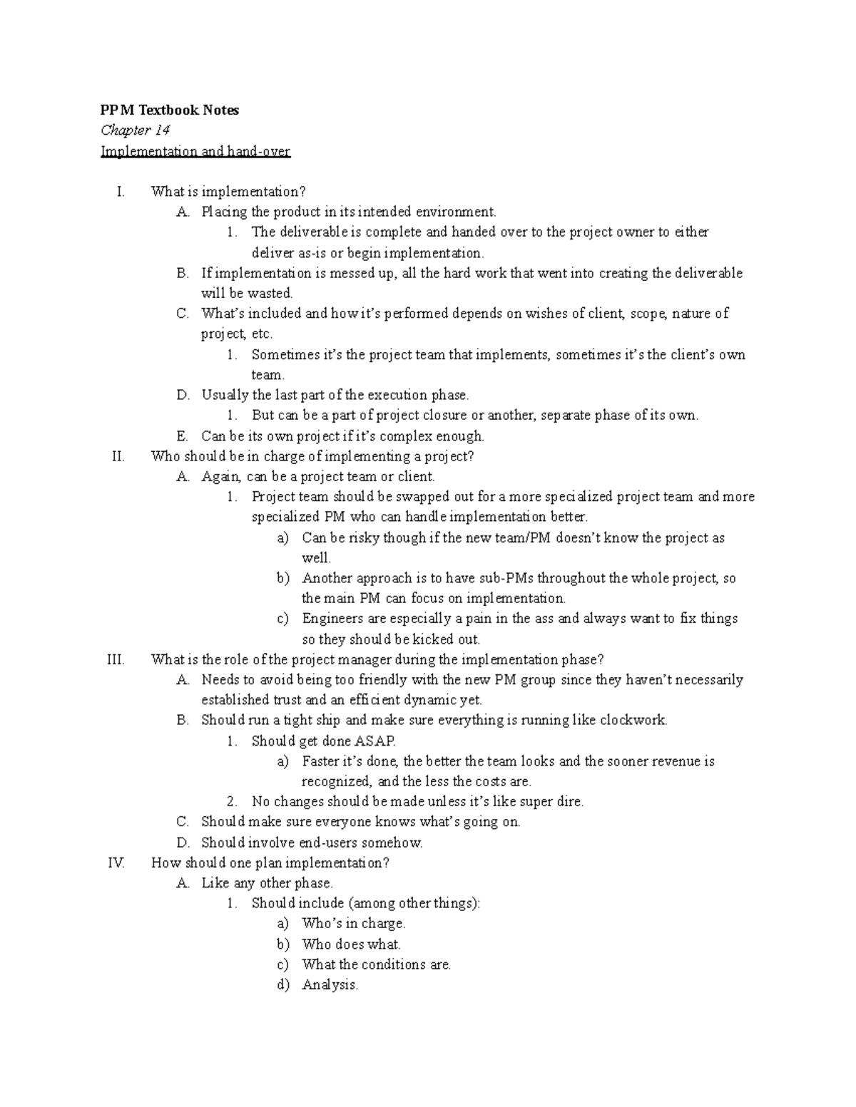 PPM Ch. 14 Notes - PPM Textbook Notes Chapter 14 Implementation and ...