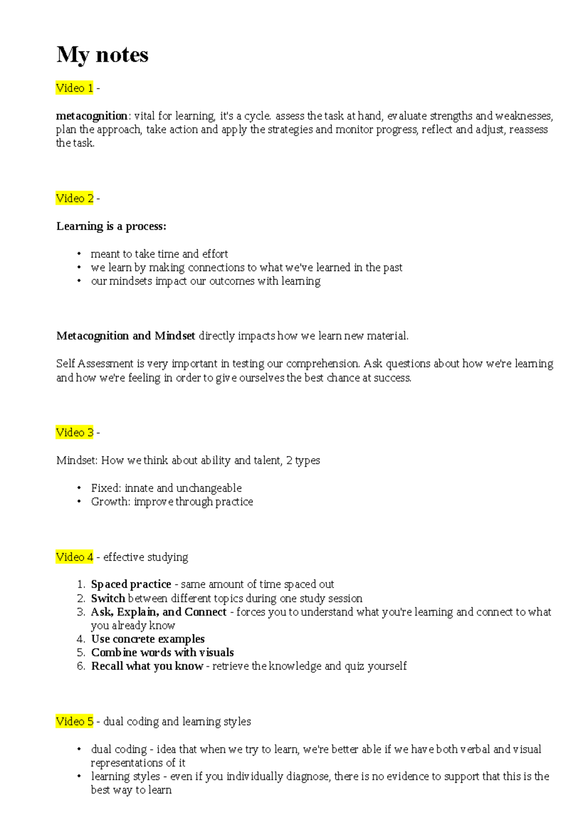 Skills For Success Notes - My notes Video 1 - metacognition : vital for ...