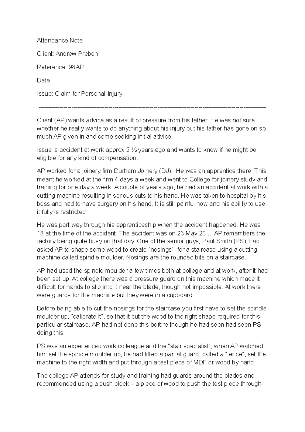 PI Case - Attendance Note (C) - Attendance Note Client: Andrew Preben ...