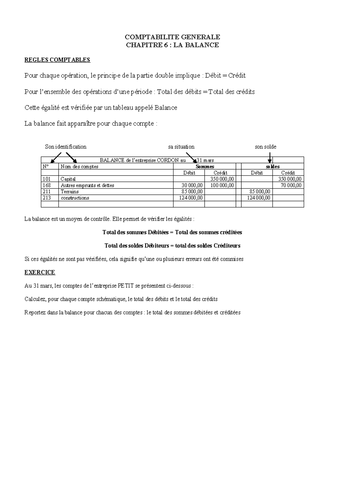 Chapitre 6-la balance - corrigé td - COMPTABILITE GENERALE CHAPITRE 6 ...