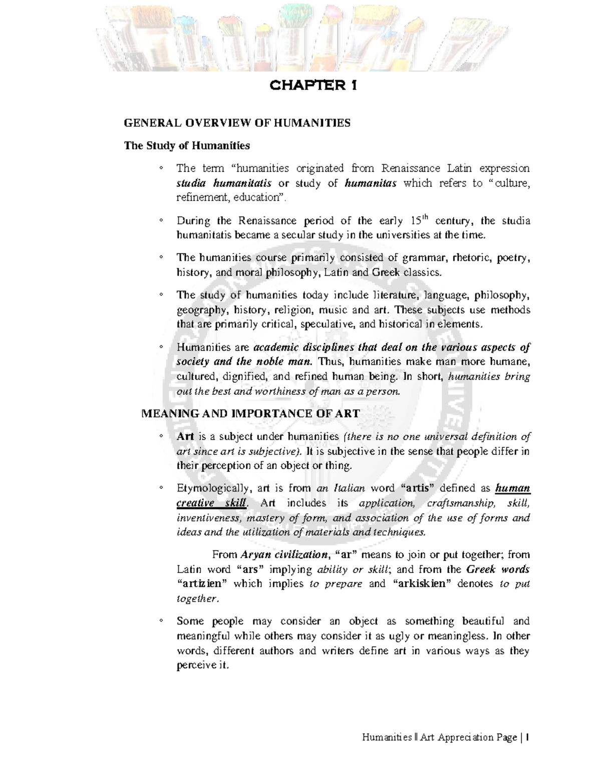 GEC 6 Chapter 1 - Deped - GENERAL OVERVIEW OF HUMANITIES The Study of ...