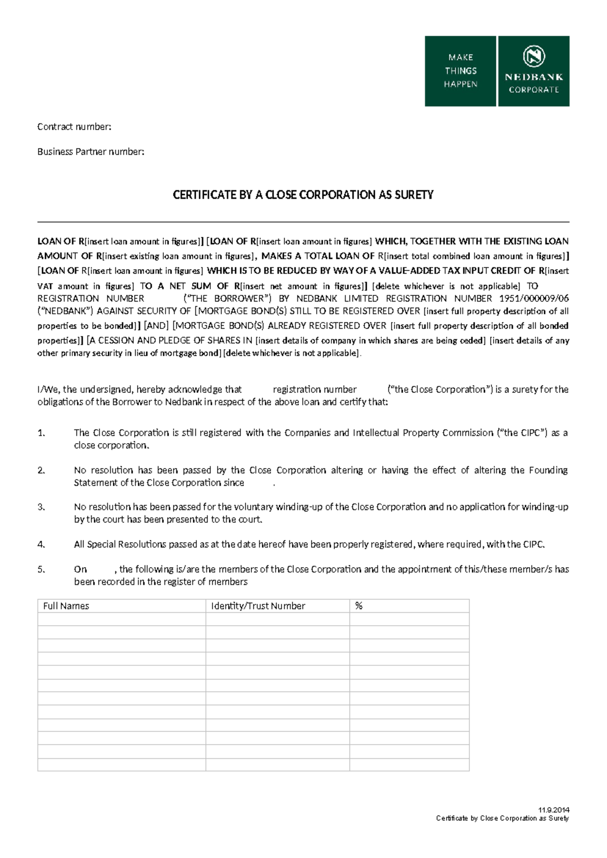 Certificate by a Close Corporation as Surety - Contract number ...