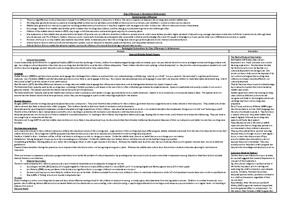 Class Differences and Educational Achievement year 12 Gi - Class ...
