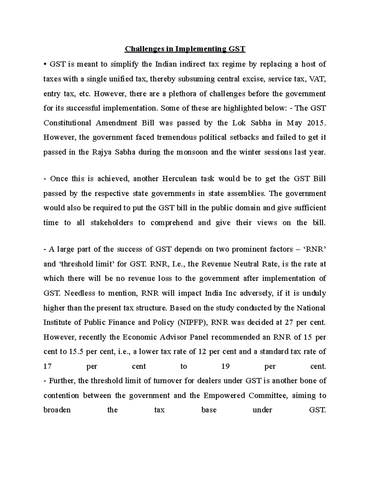 Challenges in implementing GST - Taxation Law I - Studocu
